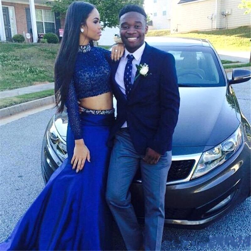 Fashion Royal Blue Two Piece Prom Dresses Long Sleeves 2 Piece Prom ...